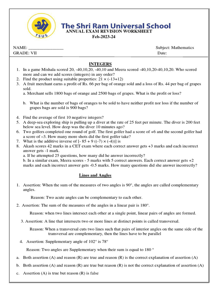 Grade VII Mathematics Revision Worksheet | PDF | Teaching Methods & Materials