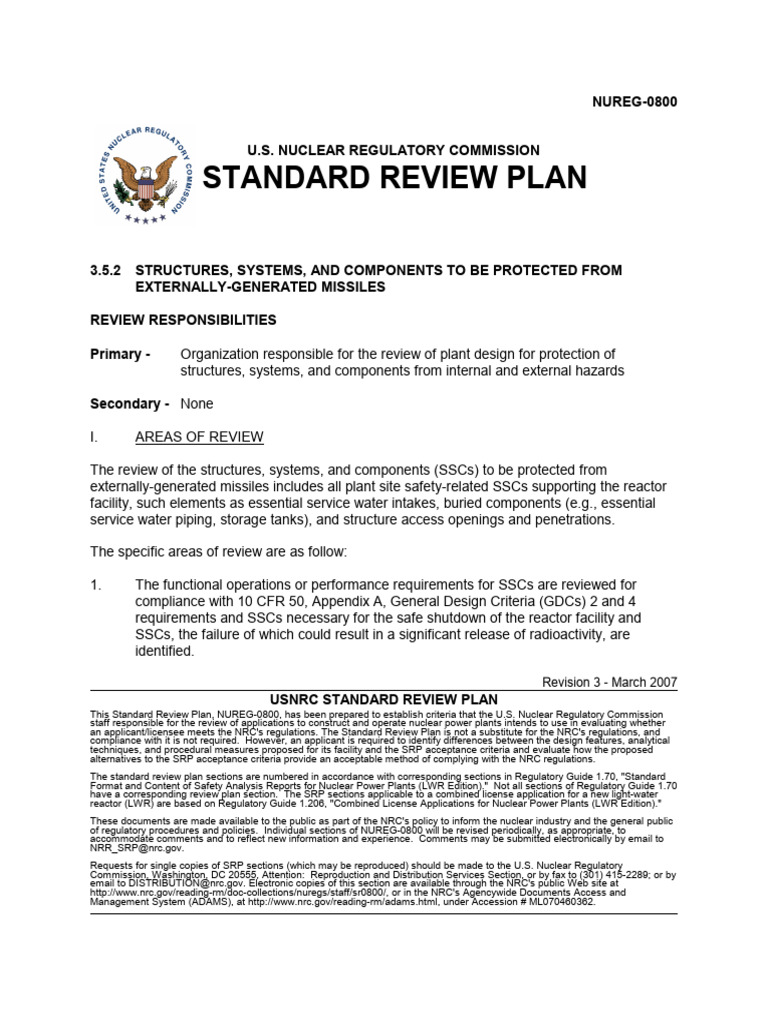 NRC Review Plan for Missile Protection | PDF