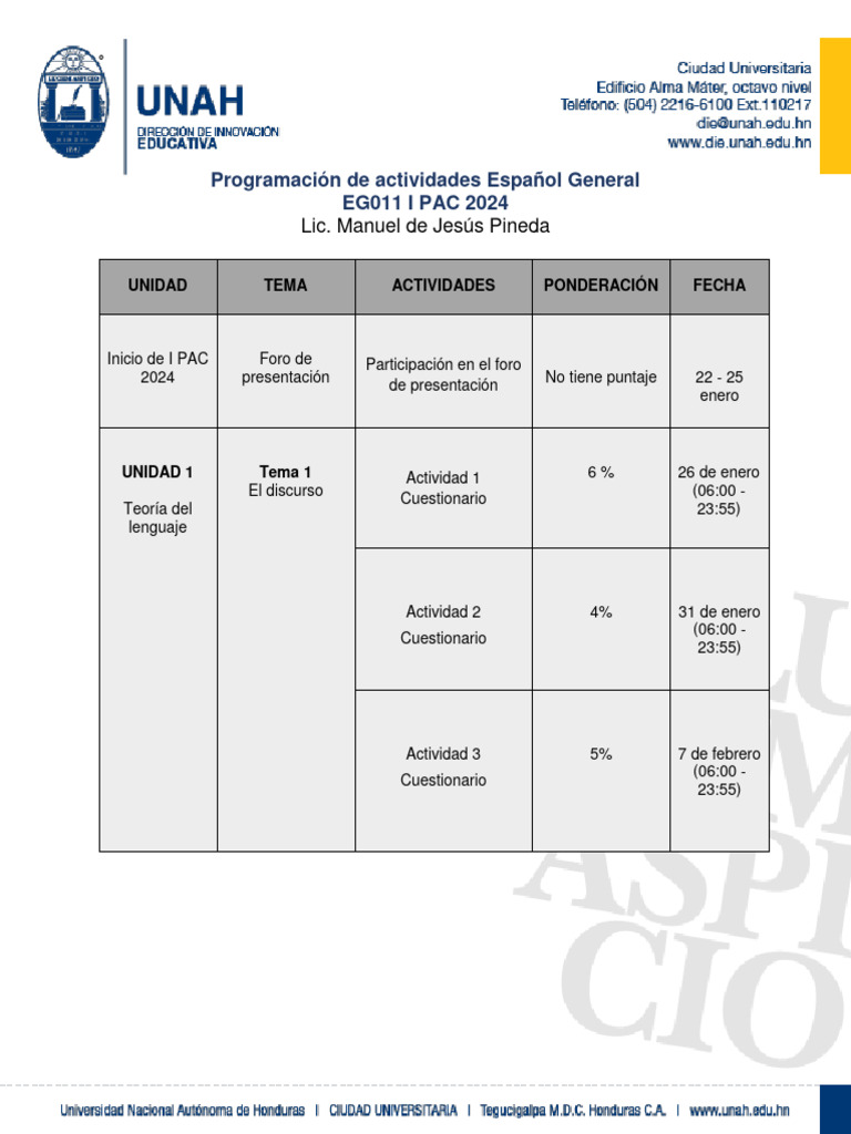 Programación de Actividades EG011 I PAC 2024 | PDF | Comunicación humana | Lingüística