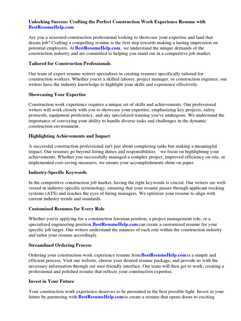 Construction Work Experience Resume | PDF | Résumé | General Contractor