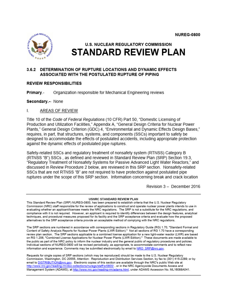 Nureg 0800 3.6.2 Determination of Rupture Locations and Dynamic Effects Associated With The ...