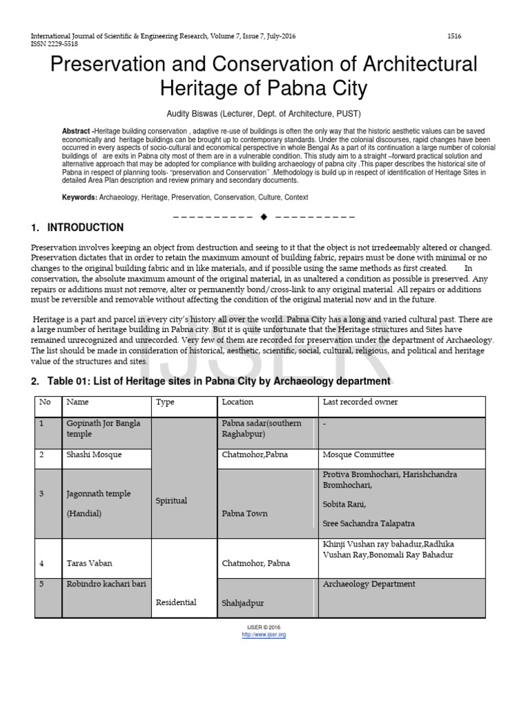 Preservation and Conservation of Architectural Heritage of Pabna City | PDF