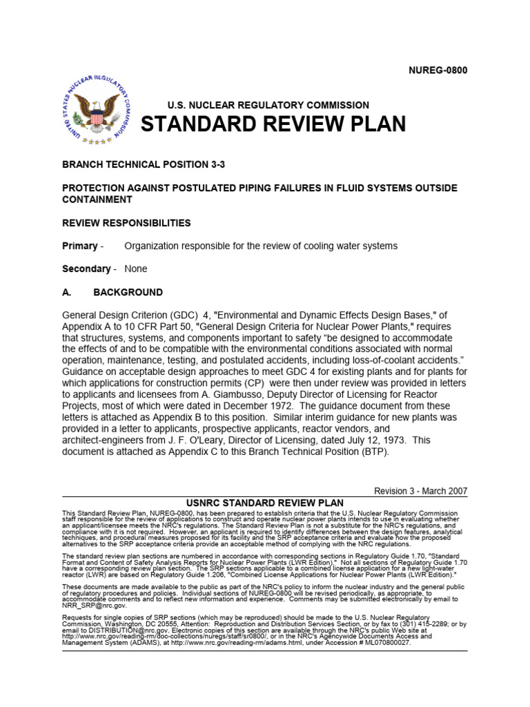 BTP 3-3: Piping Failure Protection Guidelines | PDF | Nuclear ...