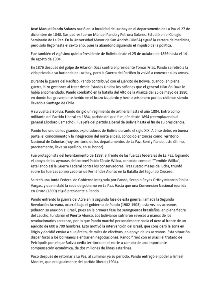 José Manuel Pando Solares Nació en La Localidad de Luribay en El ...