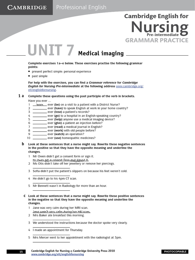 Cambridge English For Nursing Grammar Practice Pre Intermediate Unit7 | PDF | Nursing | Medical ...