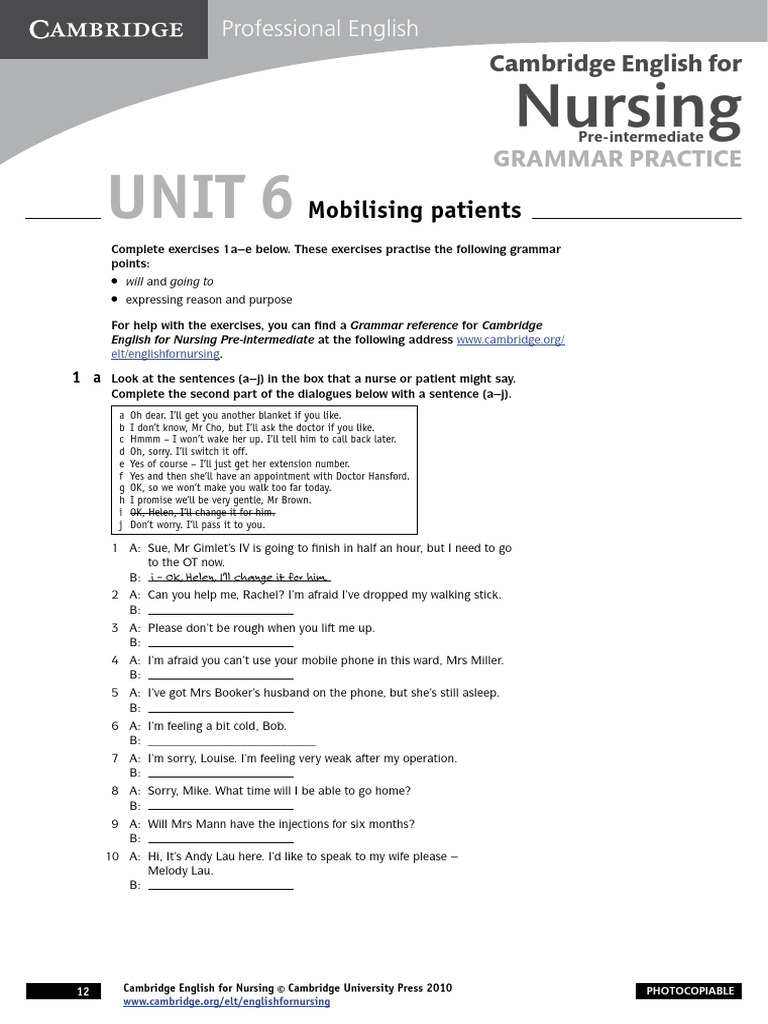 Cambridge English For Nursing Grammar Practice Pre Intermediate Unit6 | PDF