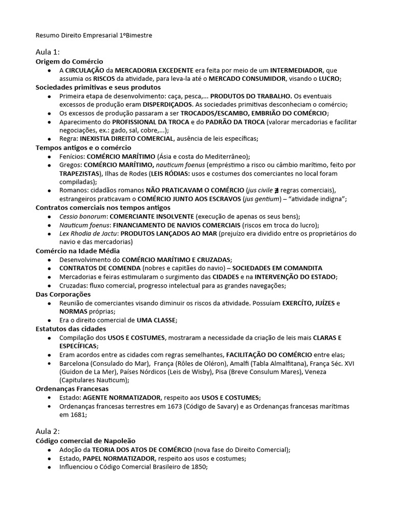 Resumo Direito Empresarial 1 bimestre | PDF | Business | Direito Privado