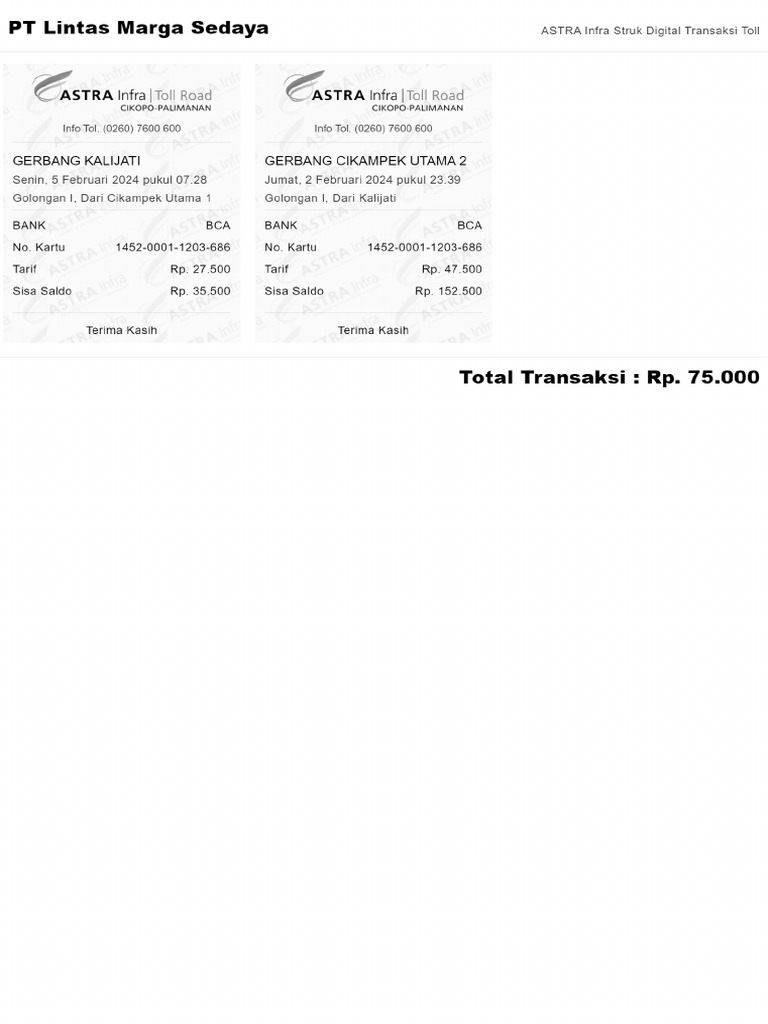 Toll Struk Digital Transaksi Toll - 20242582222 | PDF