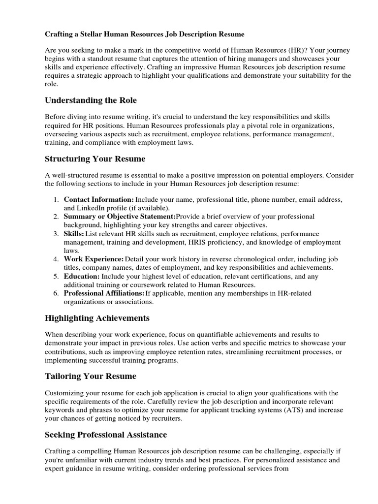 Human Resources Job Description Resume | PDF | Human Resources | Résumé