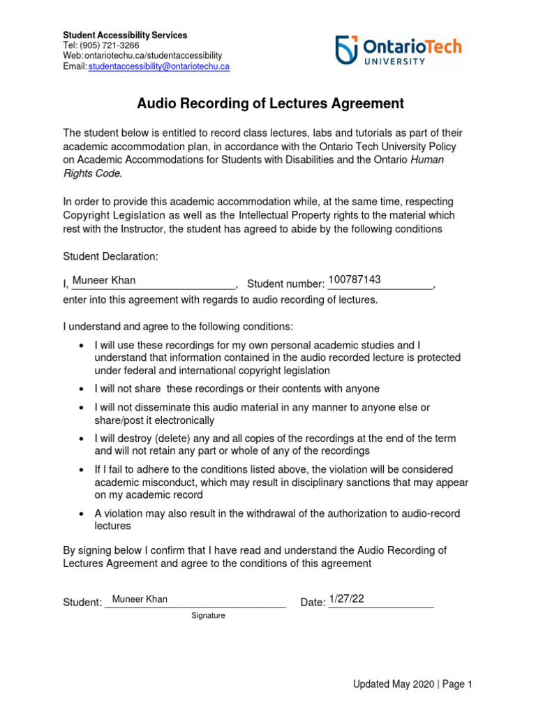 Audio Recording Lectures Student Agreement - Fillable | PDF