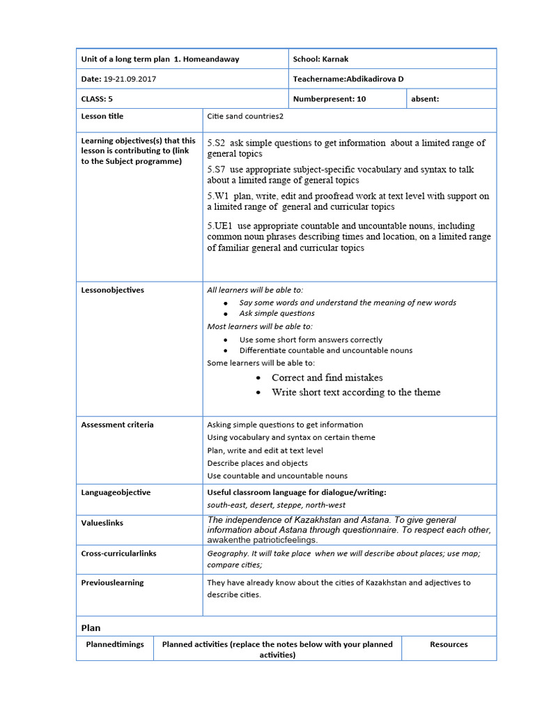 LESSON PLAN - "Cities and Countries" | PDF | Learning | Noun