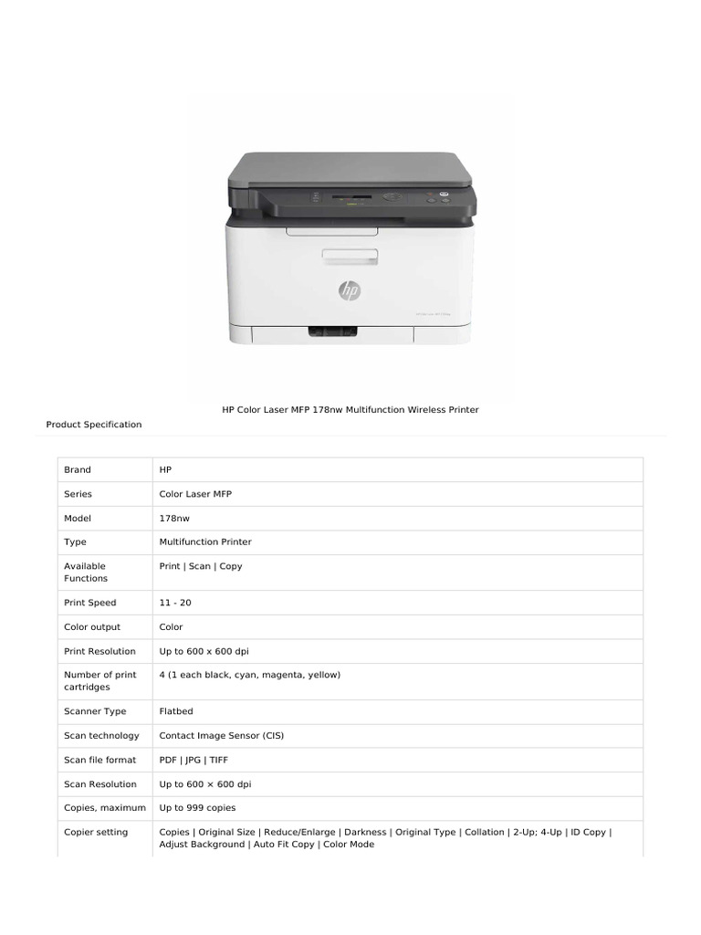 HP Color Laser MFP 178nw Printer Specs | PDF