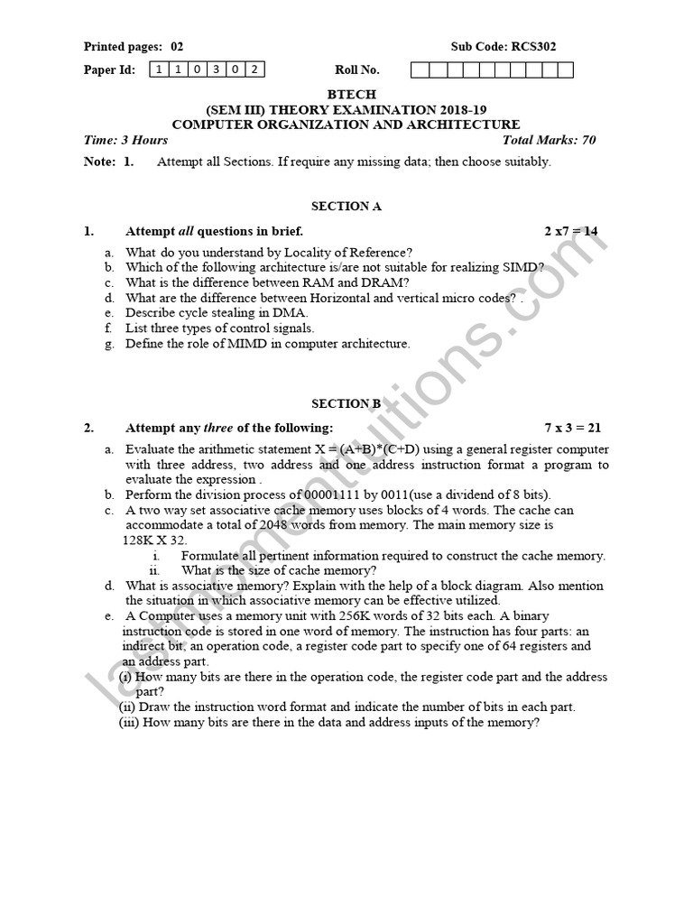 COA Btech-Cs-3-Sem-Computer-Organization-And-Architecture-Rcs-302-2018-19 | PDF | Manufactured ...