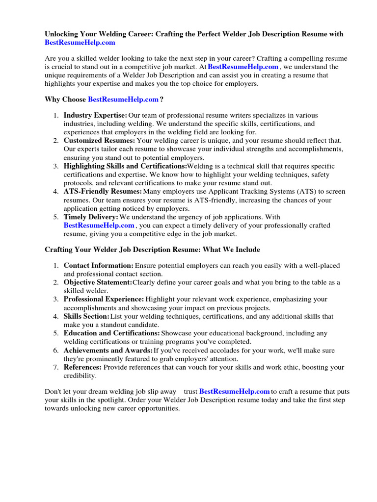 Welder Job Description For Resume | PDF | Welding | Construction