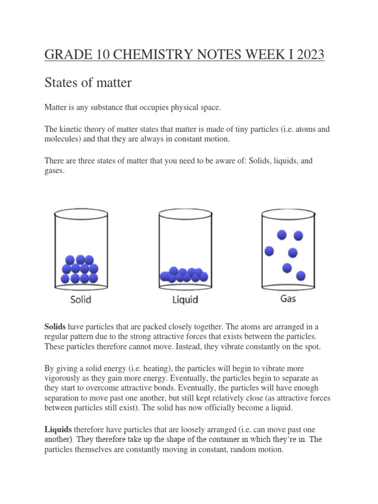 Grade 10 Chemistry Notes Week I 2023 | Download Free PDF | Gases ...