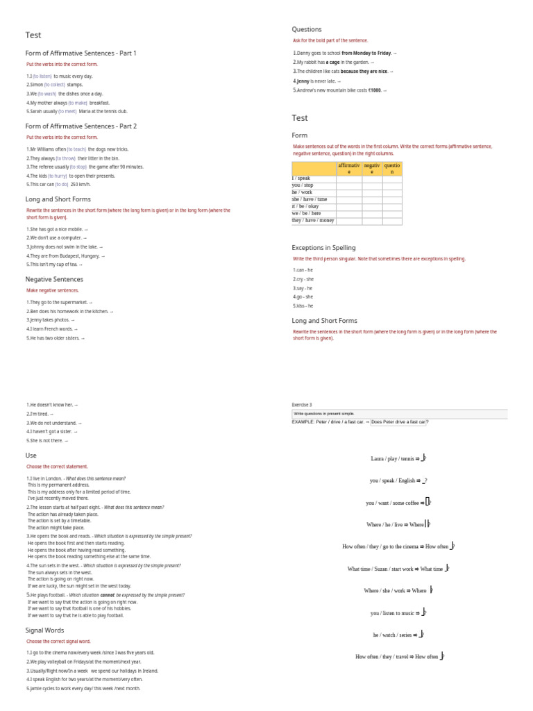 Present Simple Test Dvojhárok | PDF | Linguistics | Grammar