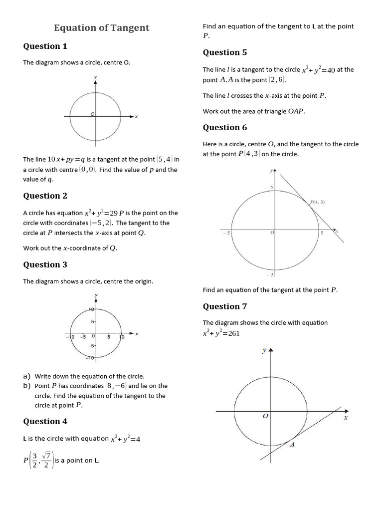 Equation of Tangent Worksheet | PDF | Circle | Tangent