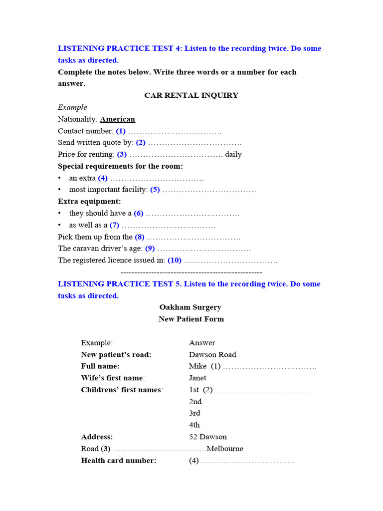 LISTENING PRACTICE TEST 2 (Ex4 - Ex6) | PDF | Health Care