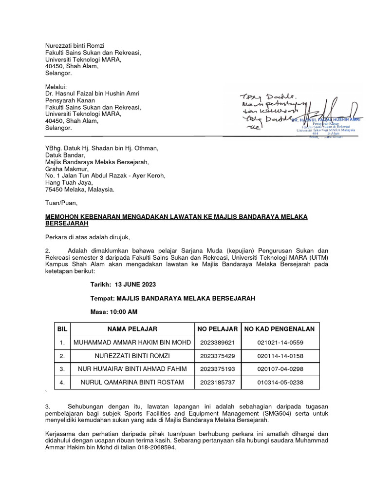Surat Lawatan Ke Majlis Bandaraya Melaka Bersejarah | PDF