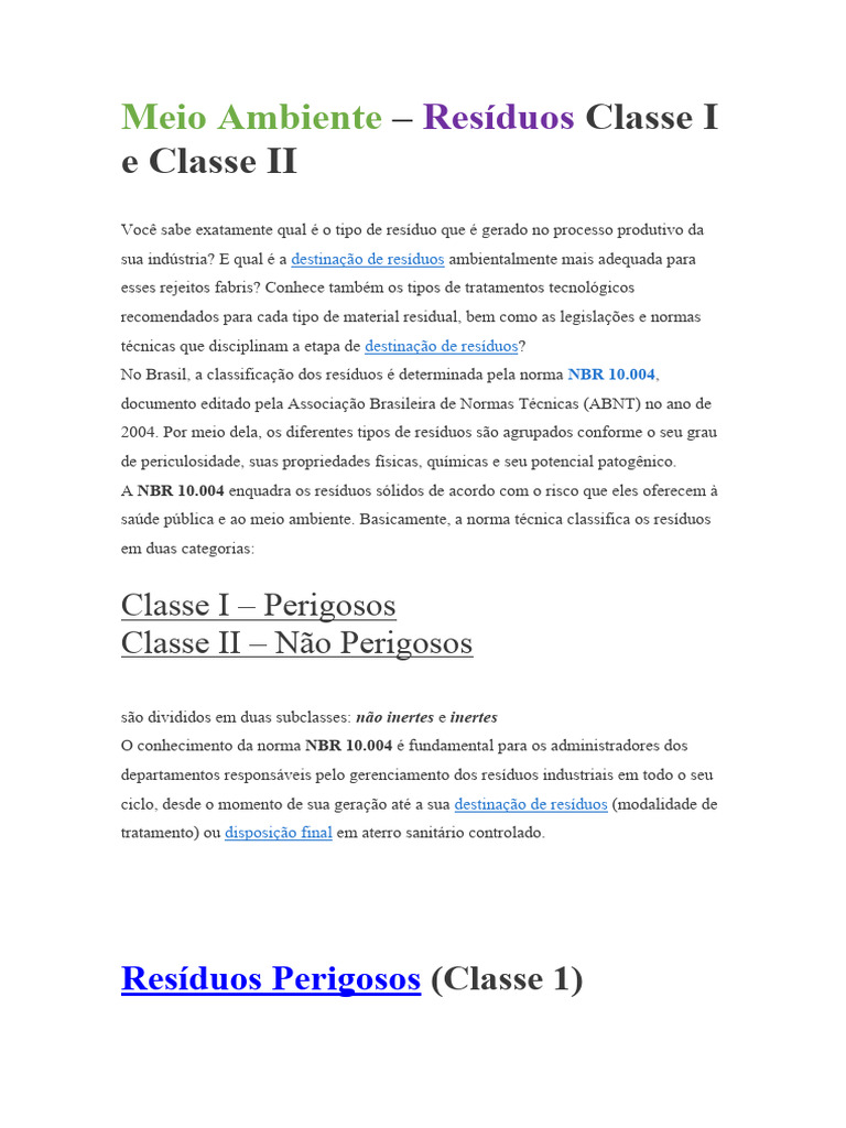 Meio Ambiente - Resíduos Classe I e II | PDF | Desperdício | Solvente