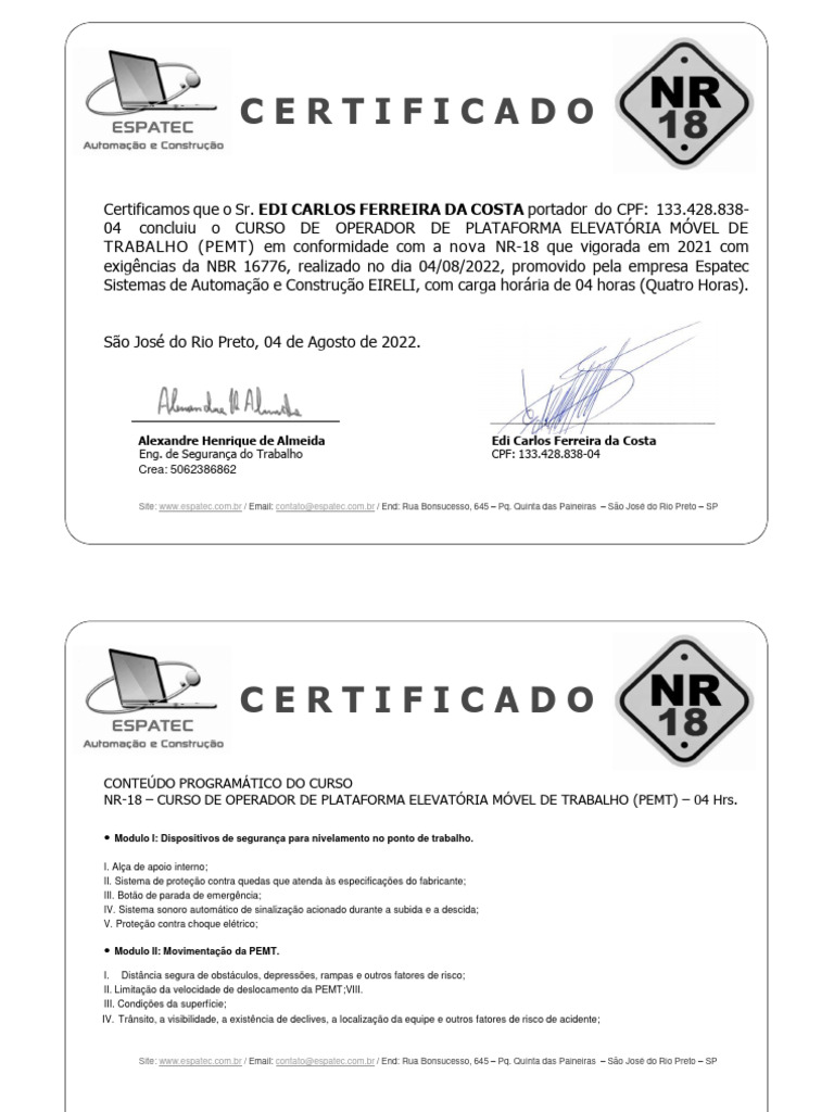 Certificado NR18 Edi (PEMT) | PDF
