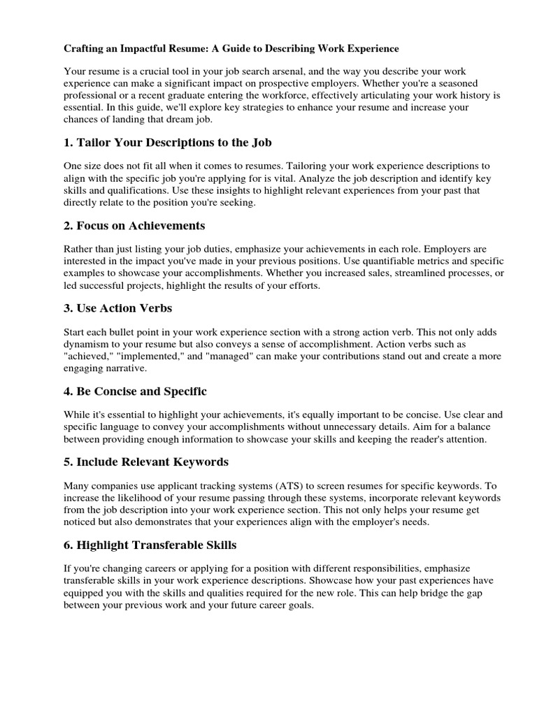 How To Describe Work Experience On A Resume | PDF | Résumé | Experience