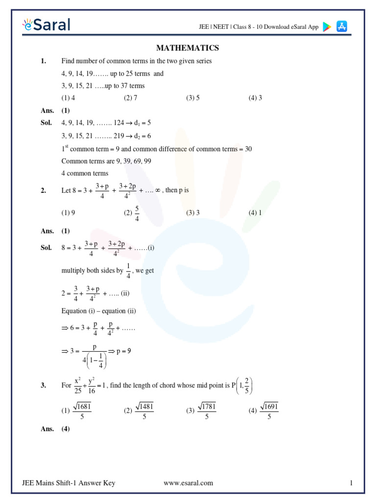 Maths JEE Mains 2024 Question Papers With Answer Key PDF | PDF ...