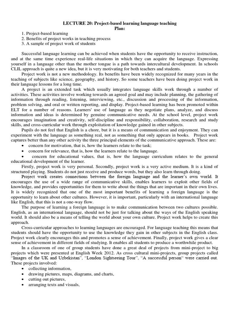LECTURE 20 - Project-Based Learning Language Teaching | PDF | Language Education | Project Based ...