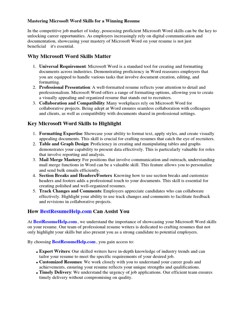 Resume Microsoft Word Skills | PDF | Résumé | Microsoft Word