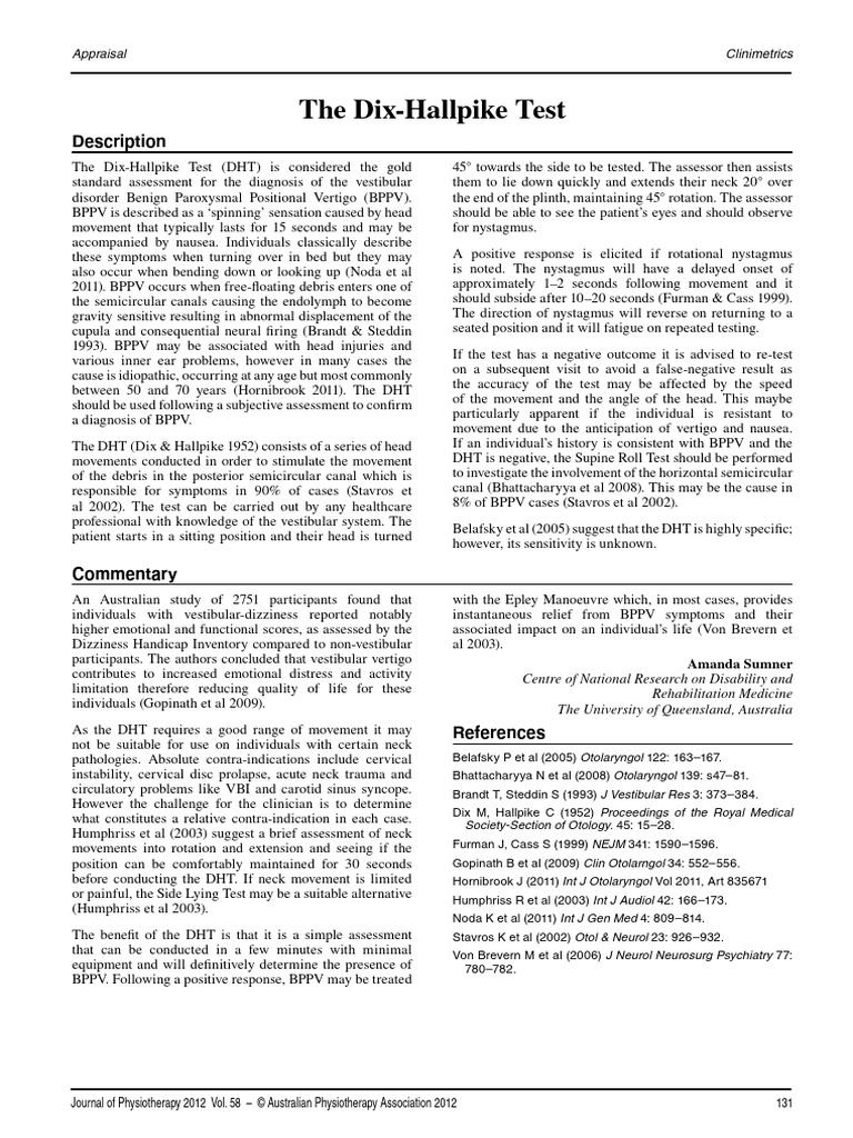 Dix HallPike Test | PDF | Nervous System | Clinical Medicine