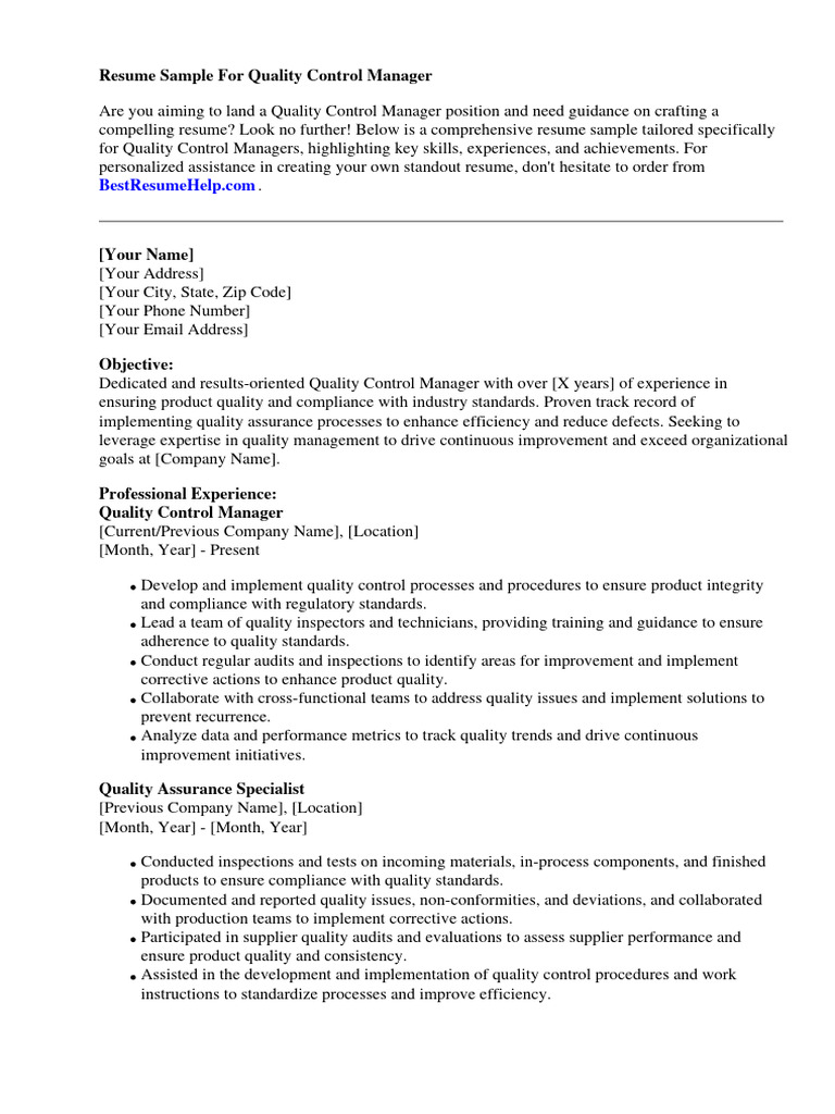 Resume Sample For Quality Control Manager | PDF | Quality Assurance ...