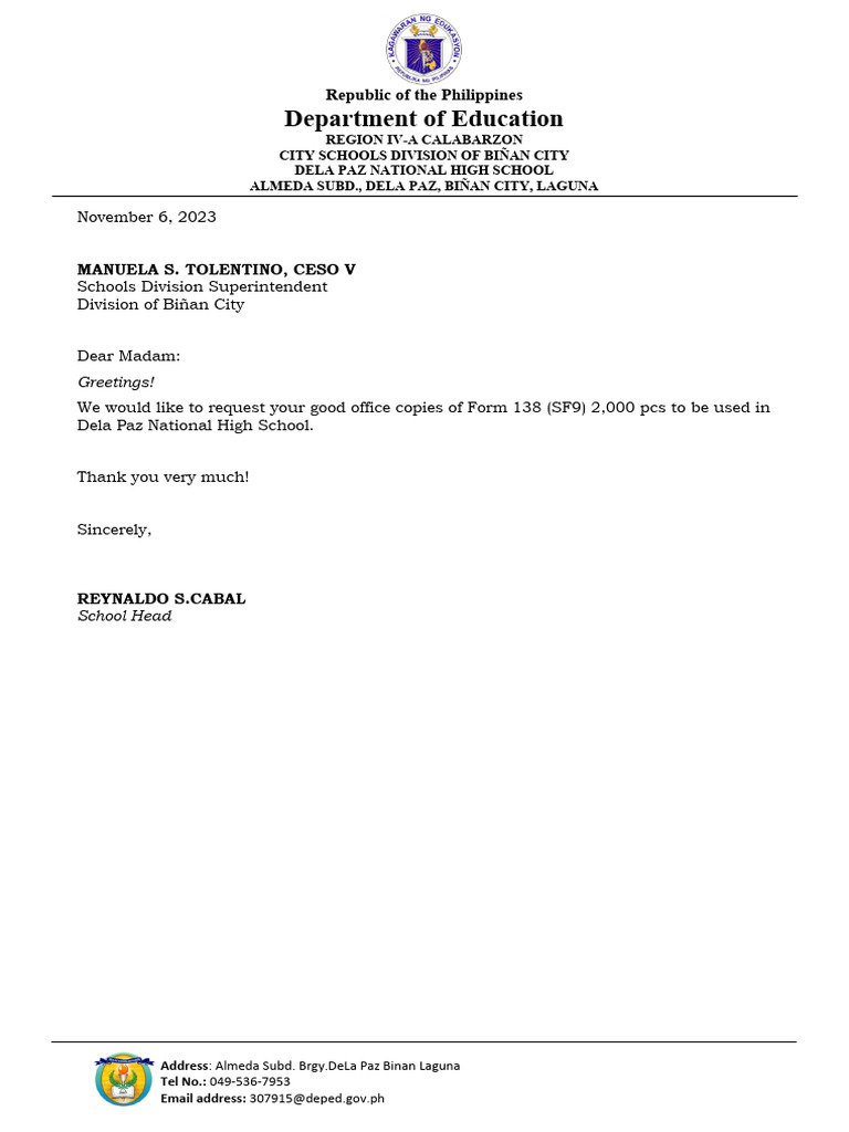 Request Letter For Form 138 | PDF