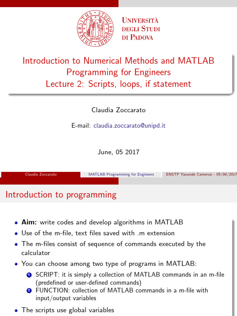 MATLAB Programming Basics for Engineers | PDF | Matlab | Control Flow