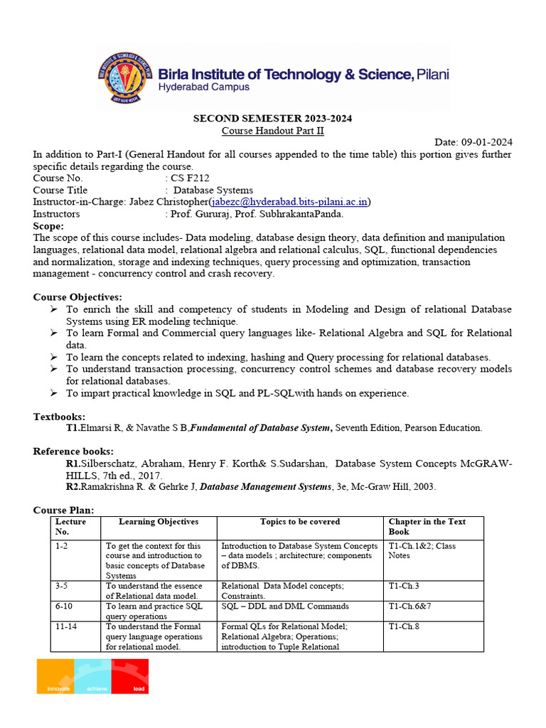 Cs F212 Database Systems Handout Pdf Databases Relational Model