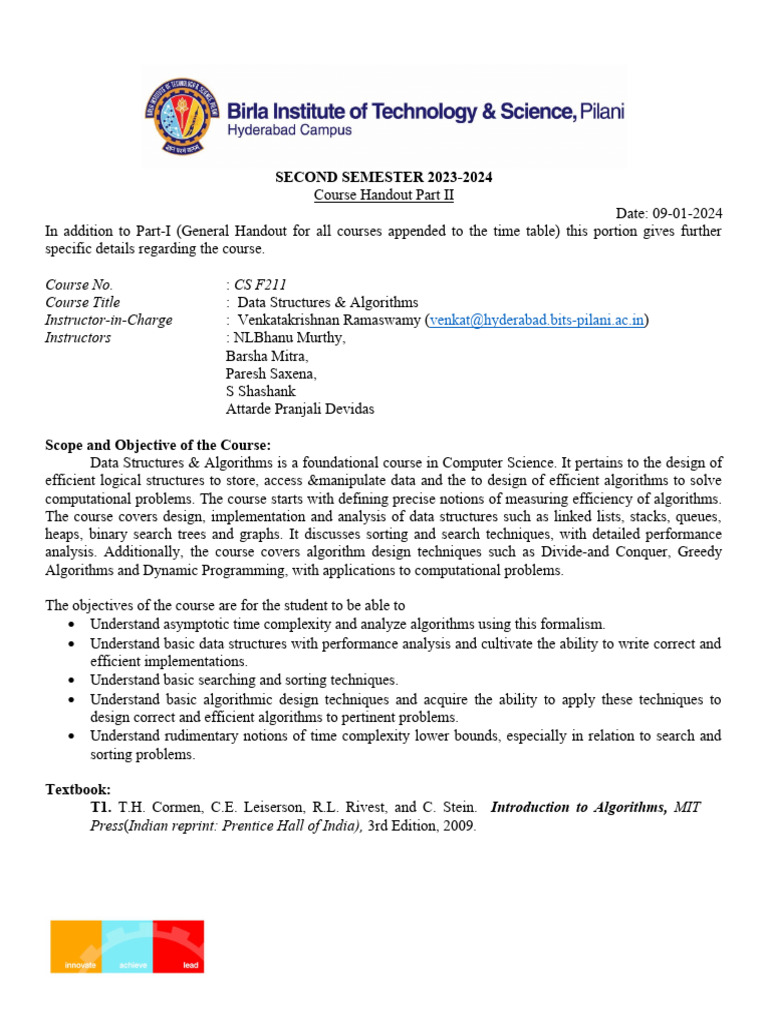 CS F211 DSA Handout 2024 | PDF | Algorithms | Applied Mathematics