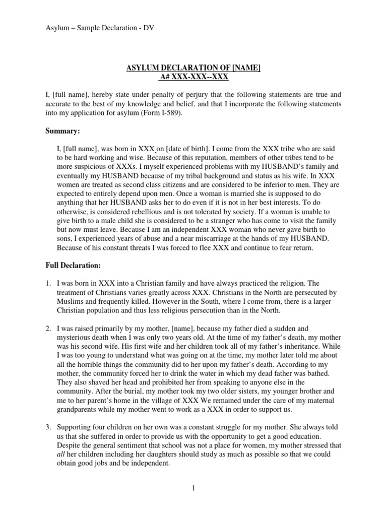Asylum Sample Declaration Dv Pdf Marriage Police