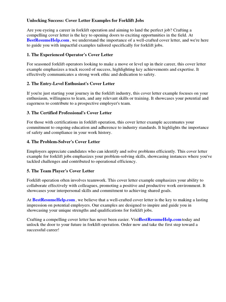 Cover Letter Examples For Forklift Jobs | PDF