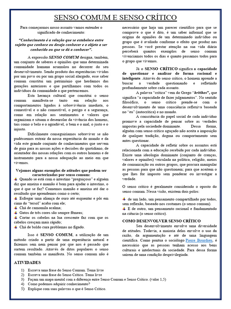 Aula 13 Senso Comum e Senso Crítico | PDF | Conhecimento | Pensamento