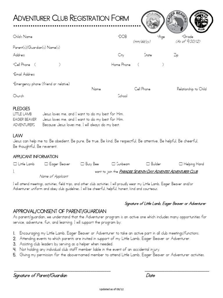 Adventurer Club Registration Health Record | PDF | Medicine | Health Care