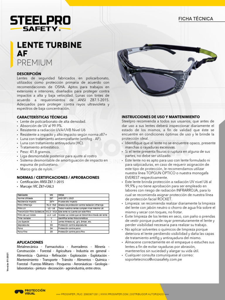 Lente Turbine Af Steelpro Ficha Tecnica | PDF | Ultravioleta | Radiación