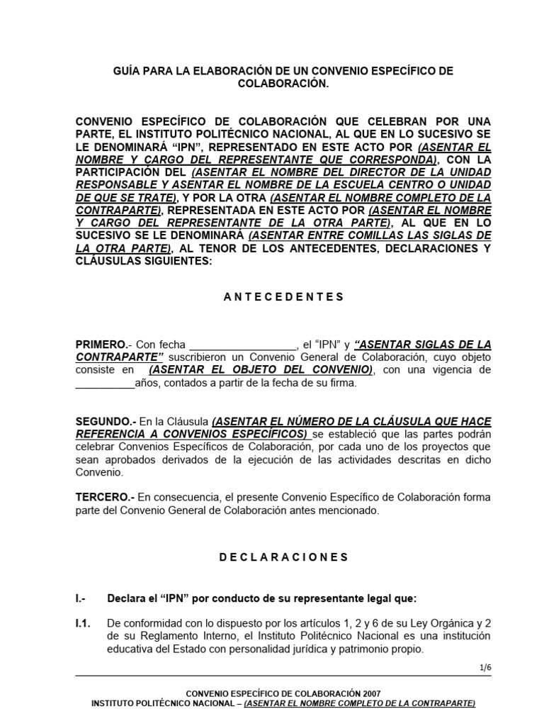 Formato de Convenio Especifico de Colaboracion | PDF | Tratado | Propiedad intelectual