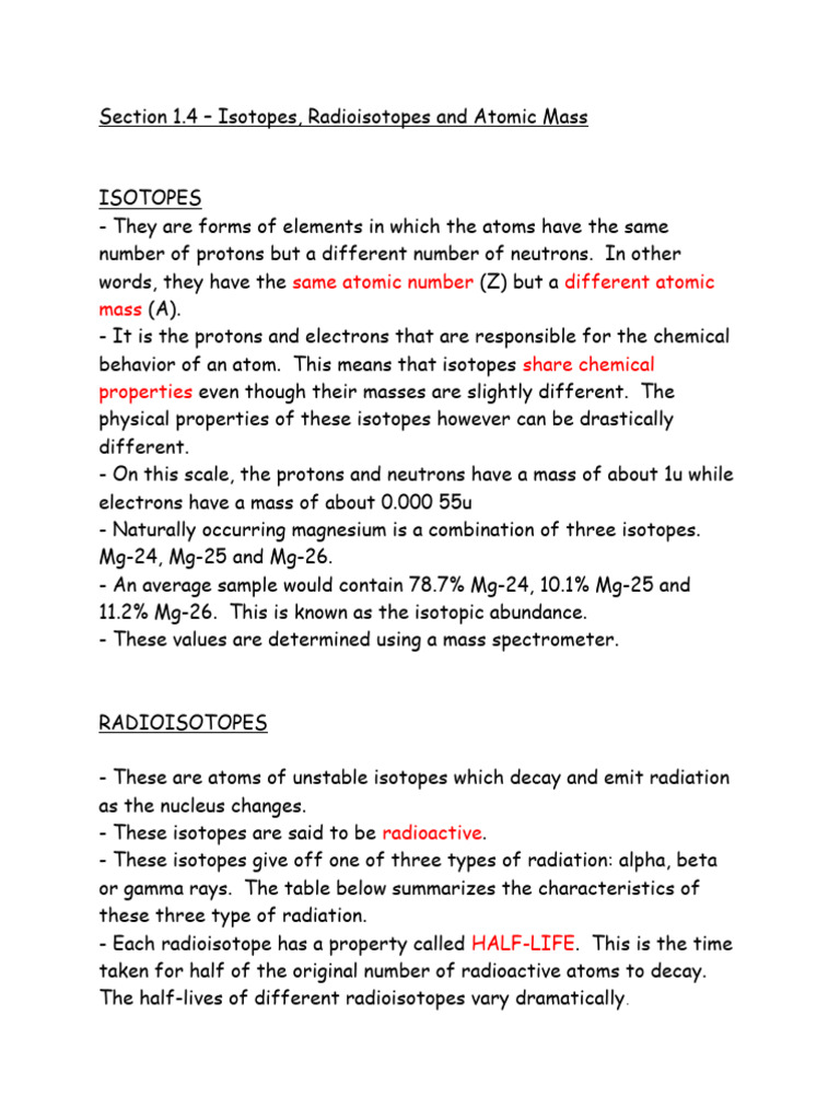 Section 1.4 - Isotopes, Radioisotopes and Atmoic Mass | PDF