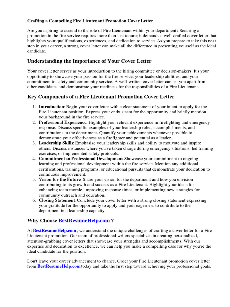 Fire Lieutenant Promotion Cover Letter | PDF | Firefighter | Leadership