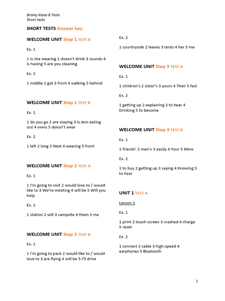 Brainy 8 Short Tests Answer Key | PDF