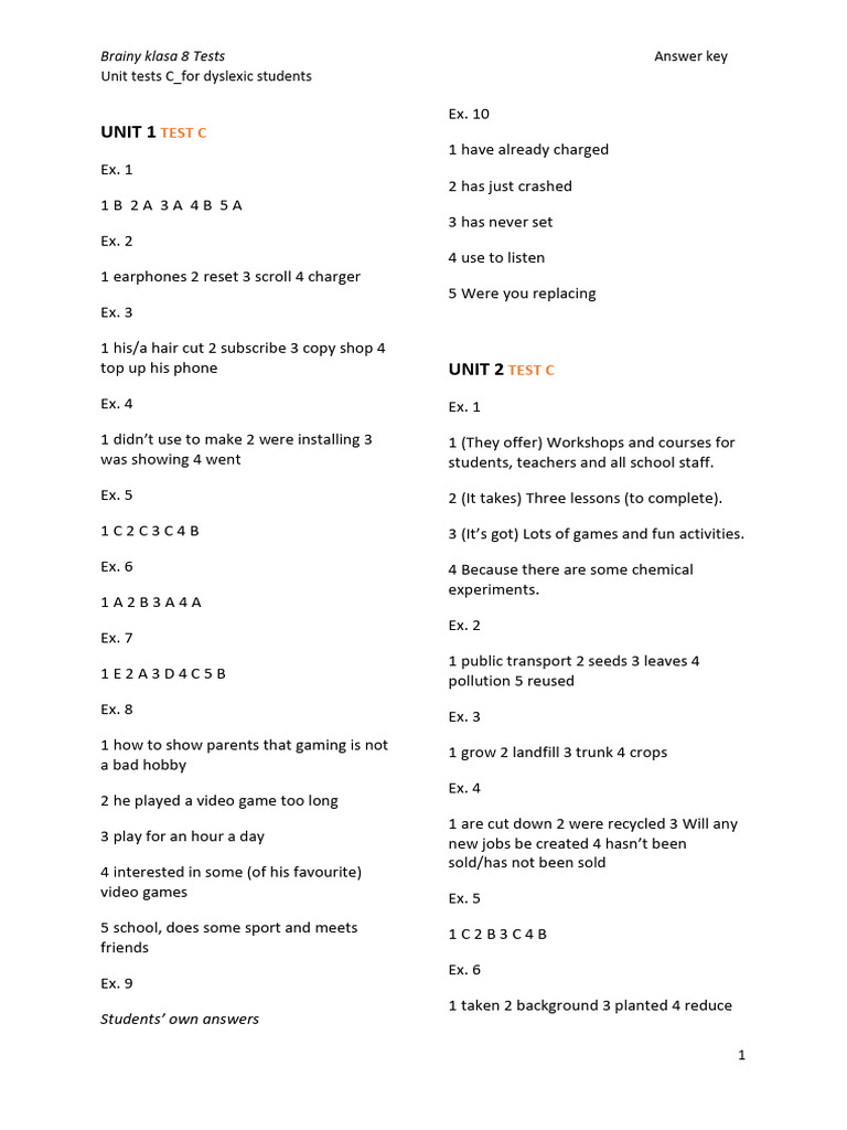Brainy kl8 Unit Tests C Answer Key | PDF Brainy kl8 Unit Tests C Answer Key | PDF