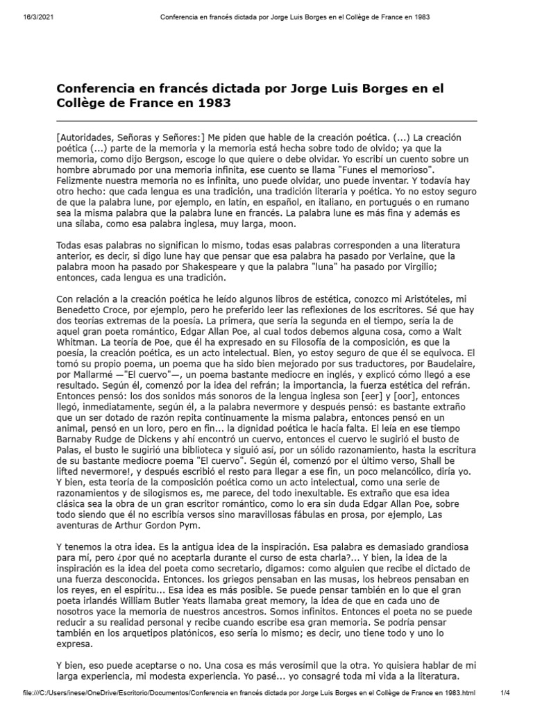 Conferencia en Francés Dictada Por Jorge Luis Borges en El Collège de ...