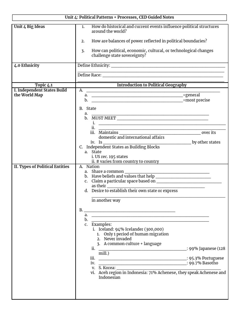 Unit 4 Political Patterns and Processes, CED Guided Notes | PDF ...