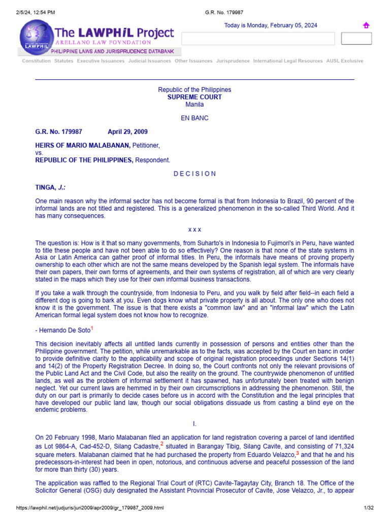 Heirs of Mario Malabanan v. Republic | PDF | Property | Adverse Possession