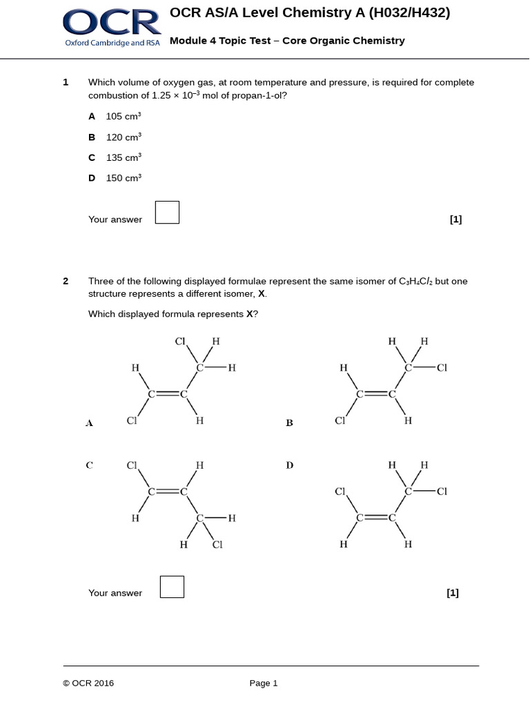 Mod 4 Topic Test Core Organic Chemistry | PDF | Alkene | Isomer