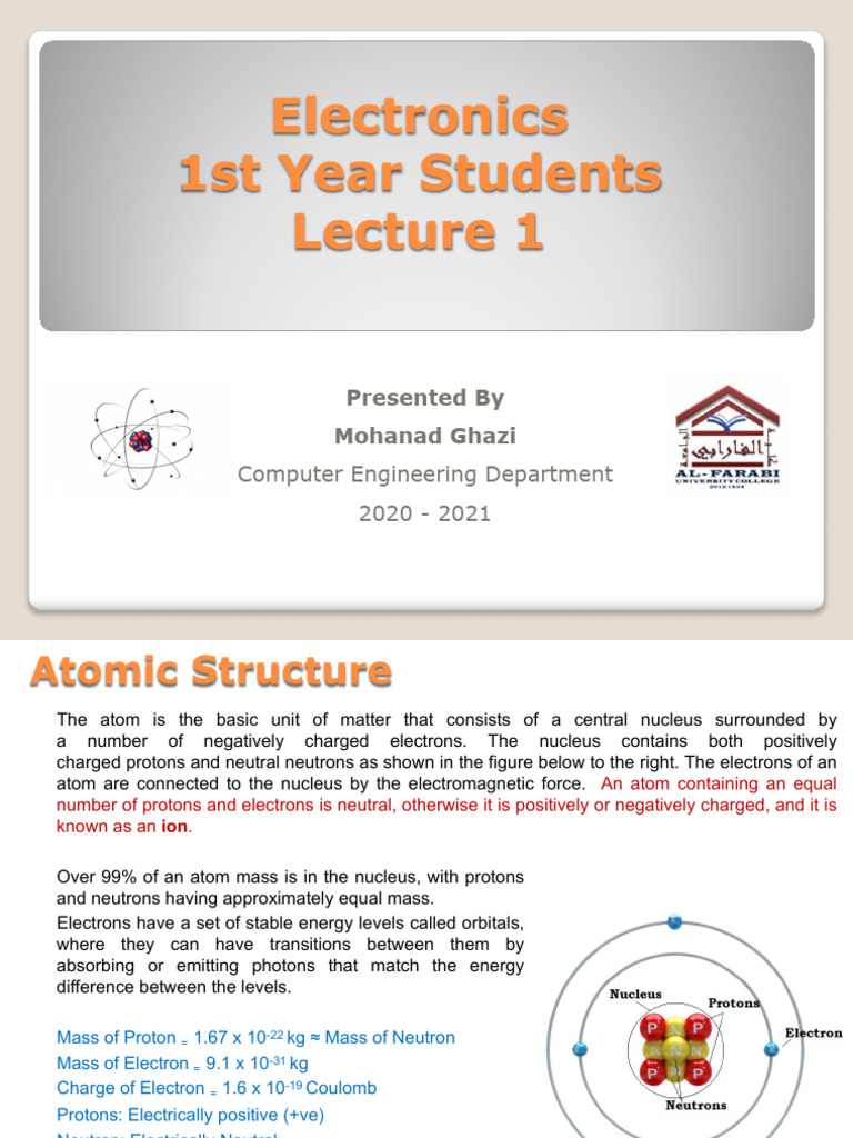 1 - Electronics 1 Lecture 1 | PDF | Atoms | Electron